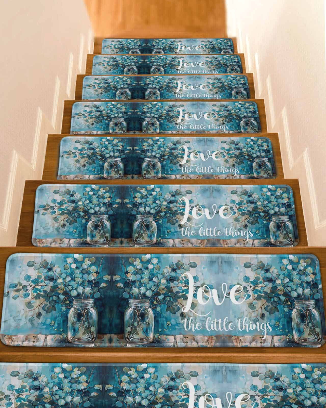 Blue Teal Spring Floral Stair Treads for Wooden Steps Indoor Runner Rug ...