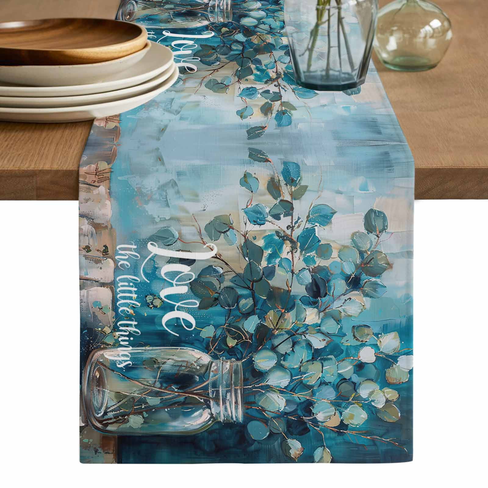 Blue Teal Spring Floral Table Runner, Modern Botanical Oil Painting Art ...