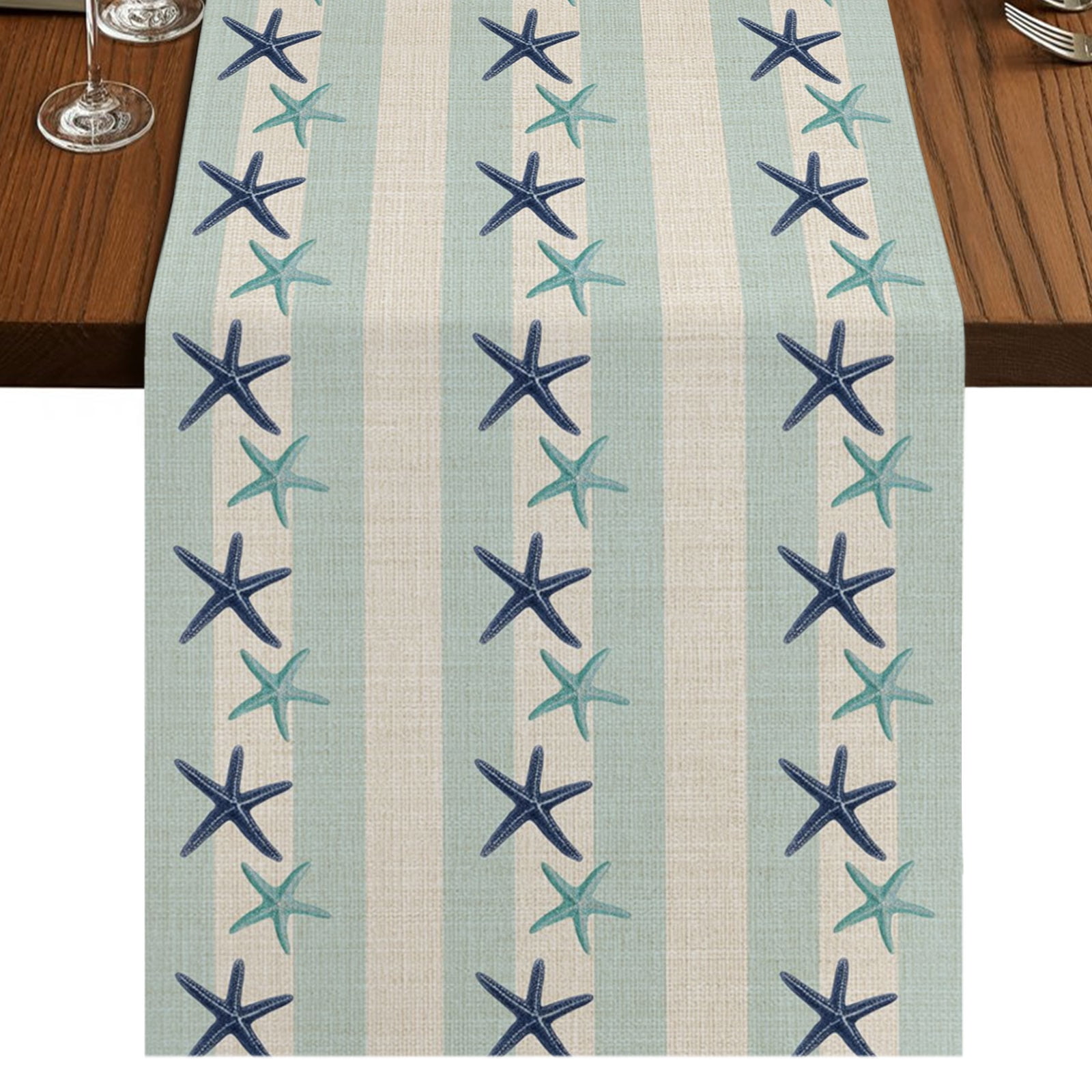 Blue Teal Starfish Coastal Burlap Cotton Table Runner 13x90 Inches Long ...