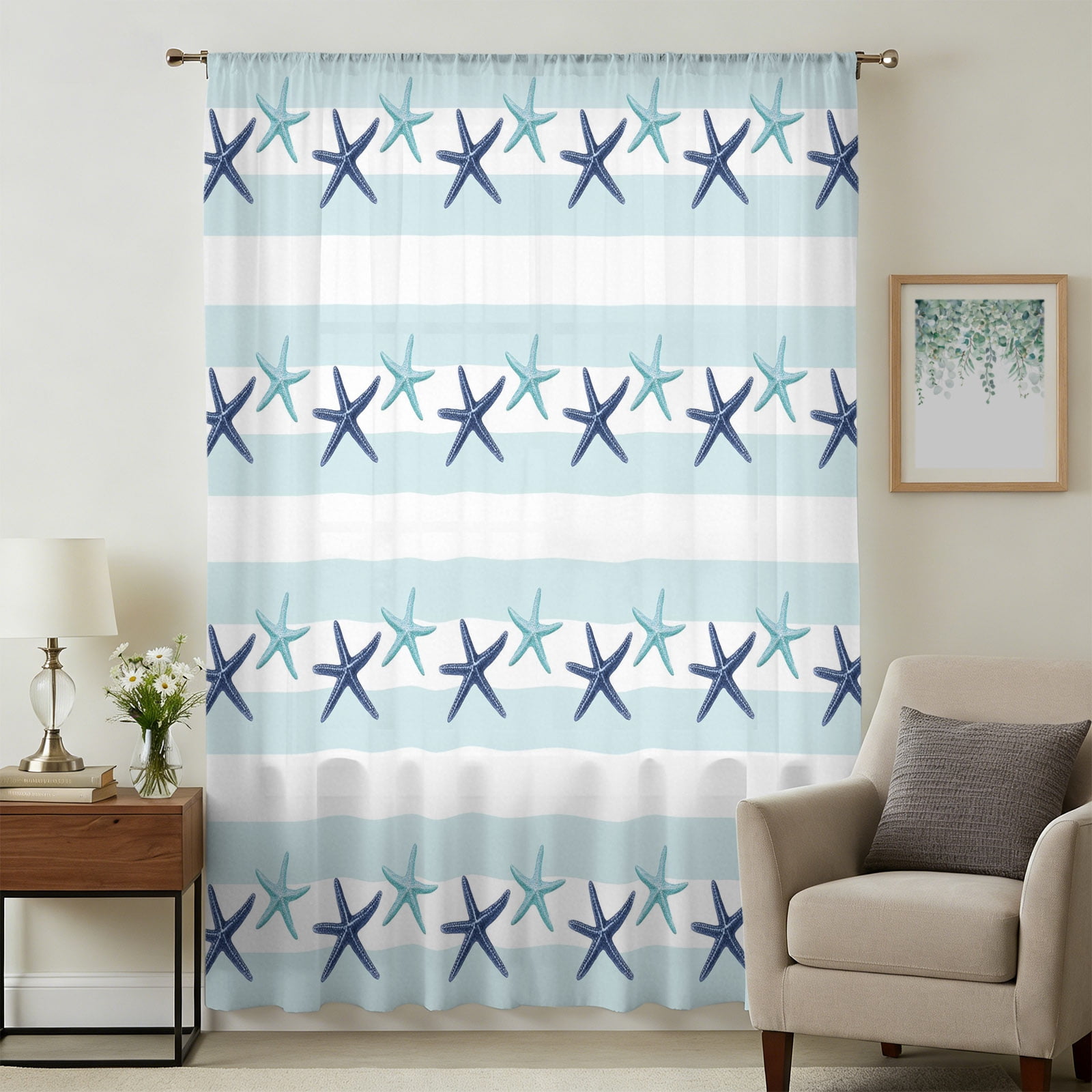 Blue Teal Starfish Coastal Sheer Curtains 63 Inch Length for Bedroom ...
