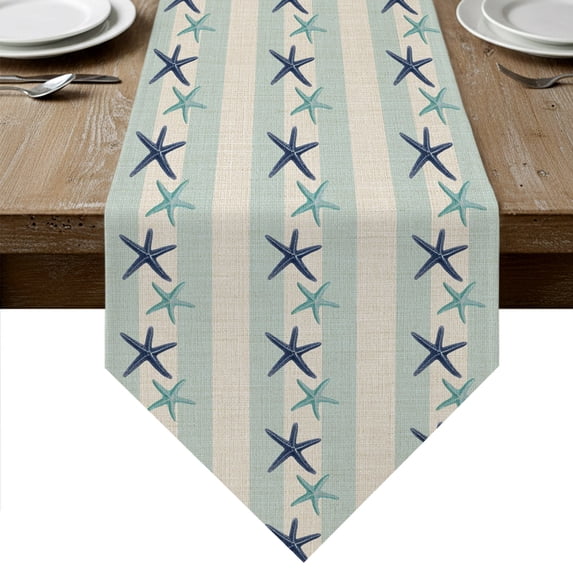 Blue Teal Starfish Coastal Table Runner Linen Burlap Table Runner 36 ...