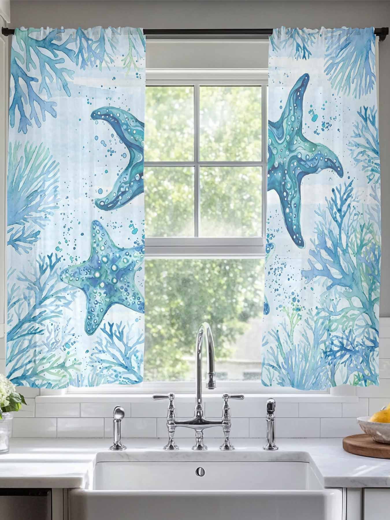 Blue Teal Starfish Ocean Coral Chiffon Sheer Curtains 72 Inches Long ...