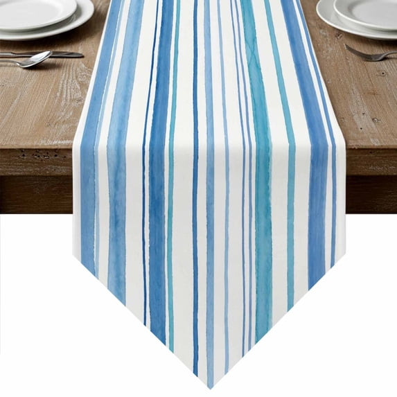 Blue Teal Striped Table Runner Linen Burlap Table Runner 72 Inches Long ...