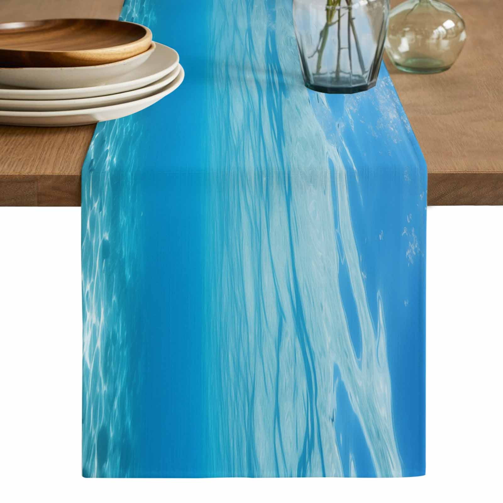 Blue Teal Summer Beach Cotton Linen Table Runner for Dining Kitchen ...