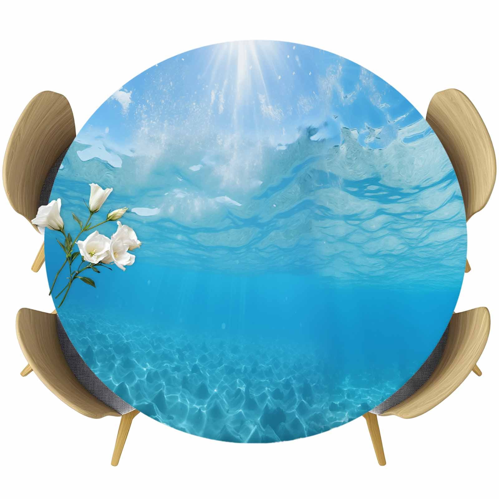 Blue Teal Summer Beach Round Tablecloth 36-44 Inch Round Fitted Table ...