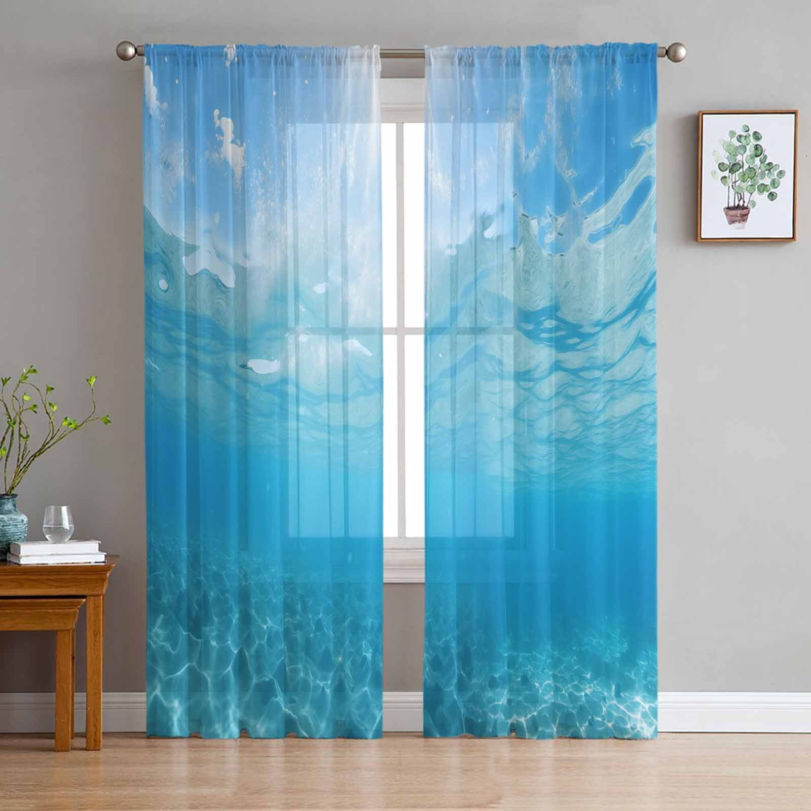 Blue Teal Summer Beach Sheer Curtains 84 Inches Long 2 Panels Set ...