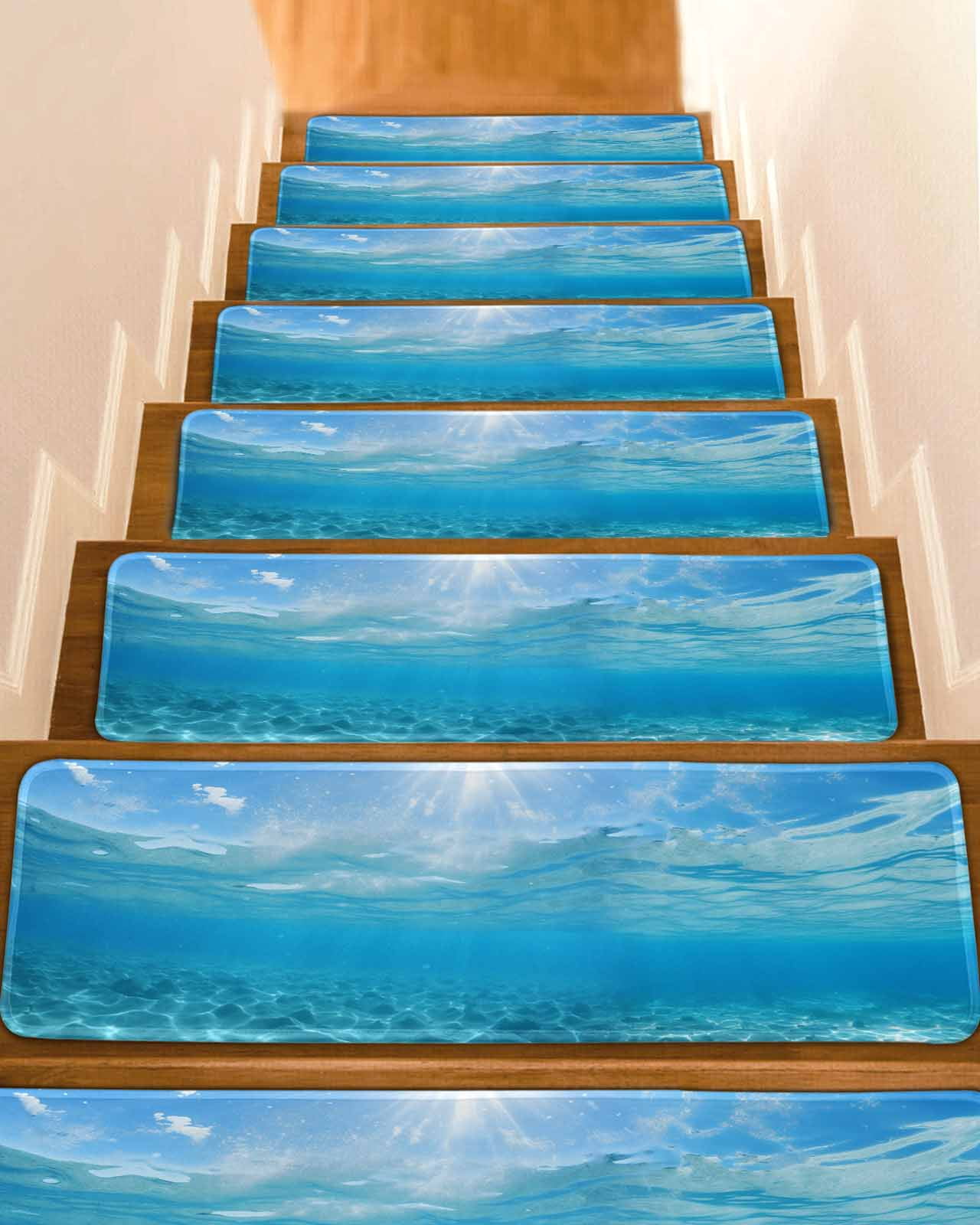 Blue Teal Summer Beach Stair Treads for Wooden Steps Indoor Runner Rug ...
