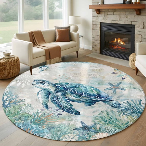 Blue Teal Turtle Coastal 5FT Round Area Rugs for Living Room Summer ...