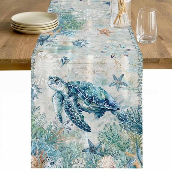 Blue Teal Turtle Coastal Cotton Linen Rectangle Table Runners 13"x120 ...