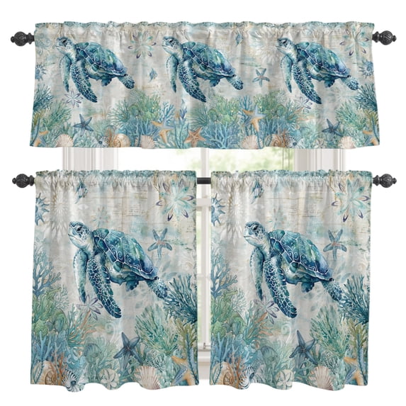 Blue Teal Turtle Coastal Kitchen Curtains Set for Windows, Summer Beach ...