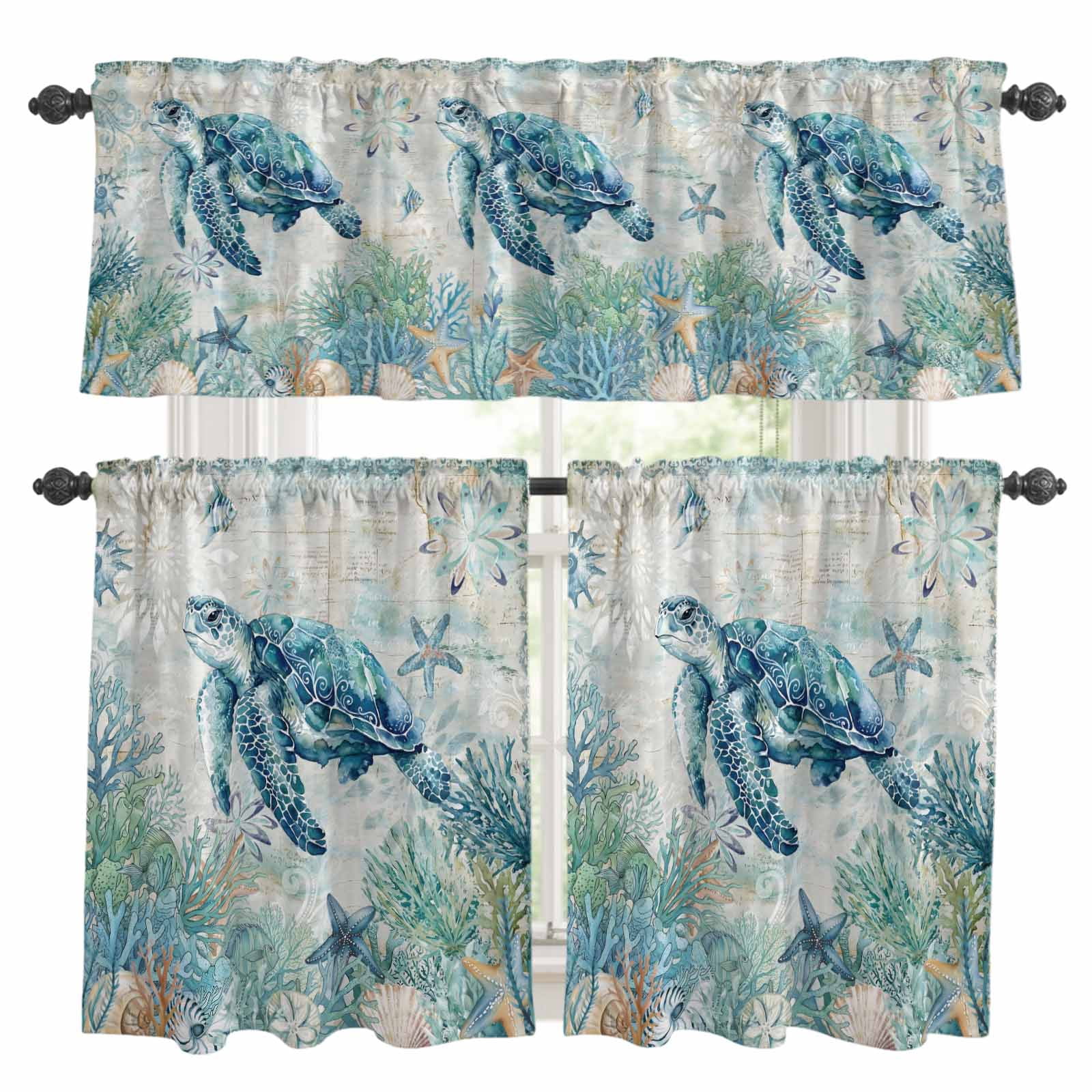 Blue Teal Turtle Coastal Kitchen Curtains Valances and Tiers Set of 3 ...