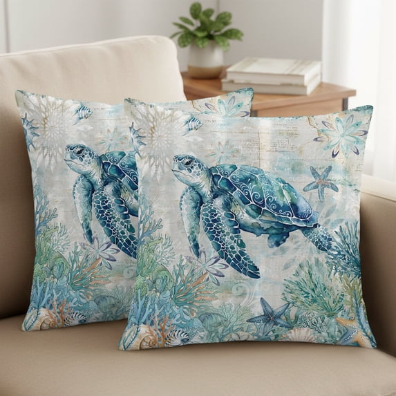 Blue Teal Turtle Coastal Pillow Covers Set of 2, Summer Beach Ocean ...