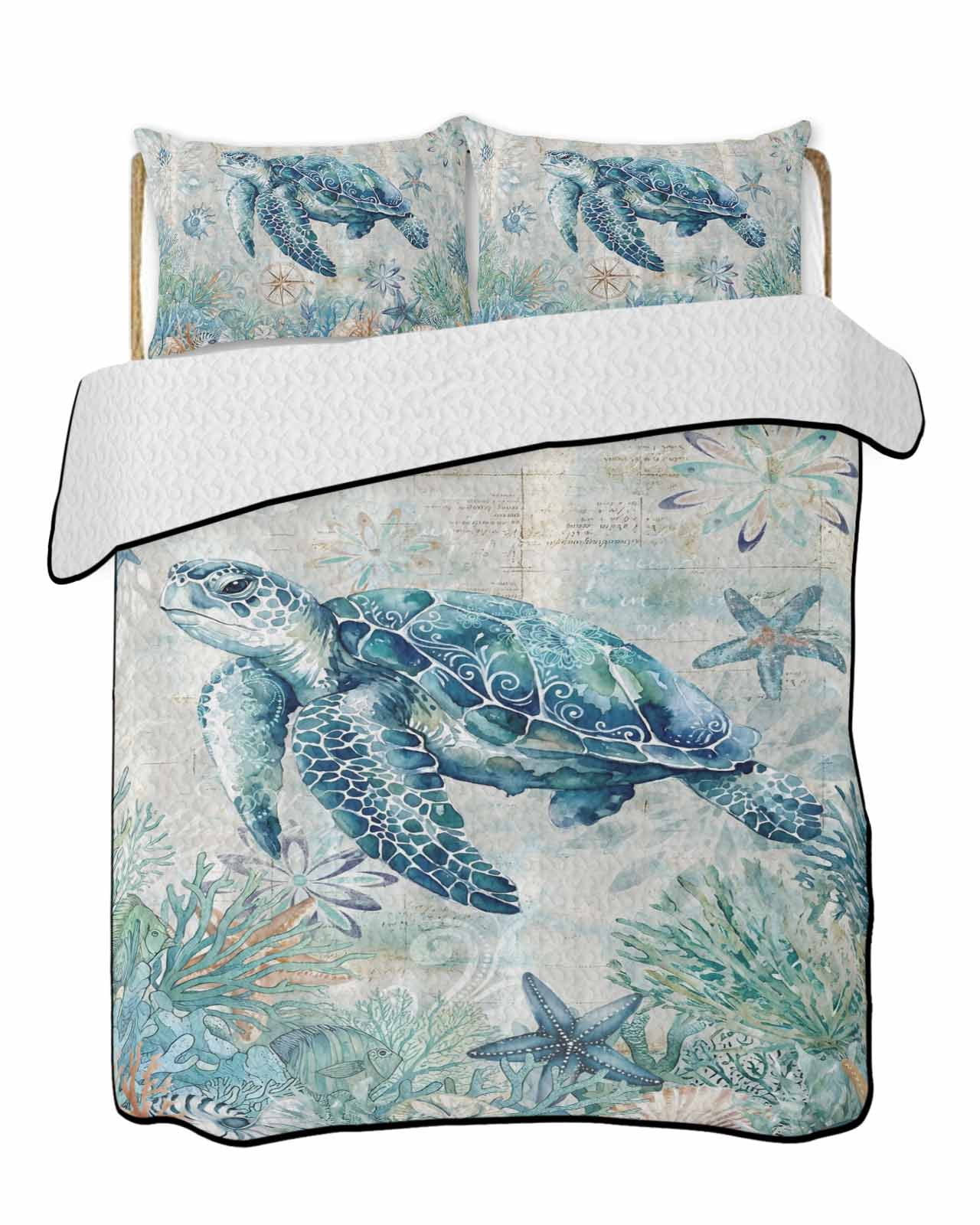 Blue Teal Turtle Coastal Quilts Bedding Set Queen Size Summer Beach ...