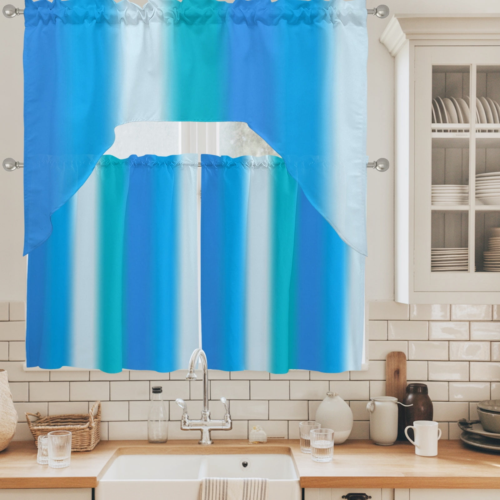 Blue Teal White Gradient Swag Curtains Valance and Tier Set, Colorful ...