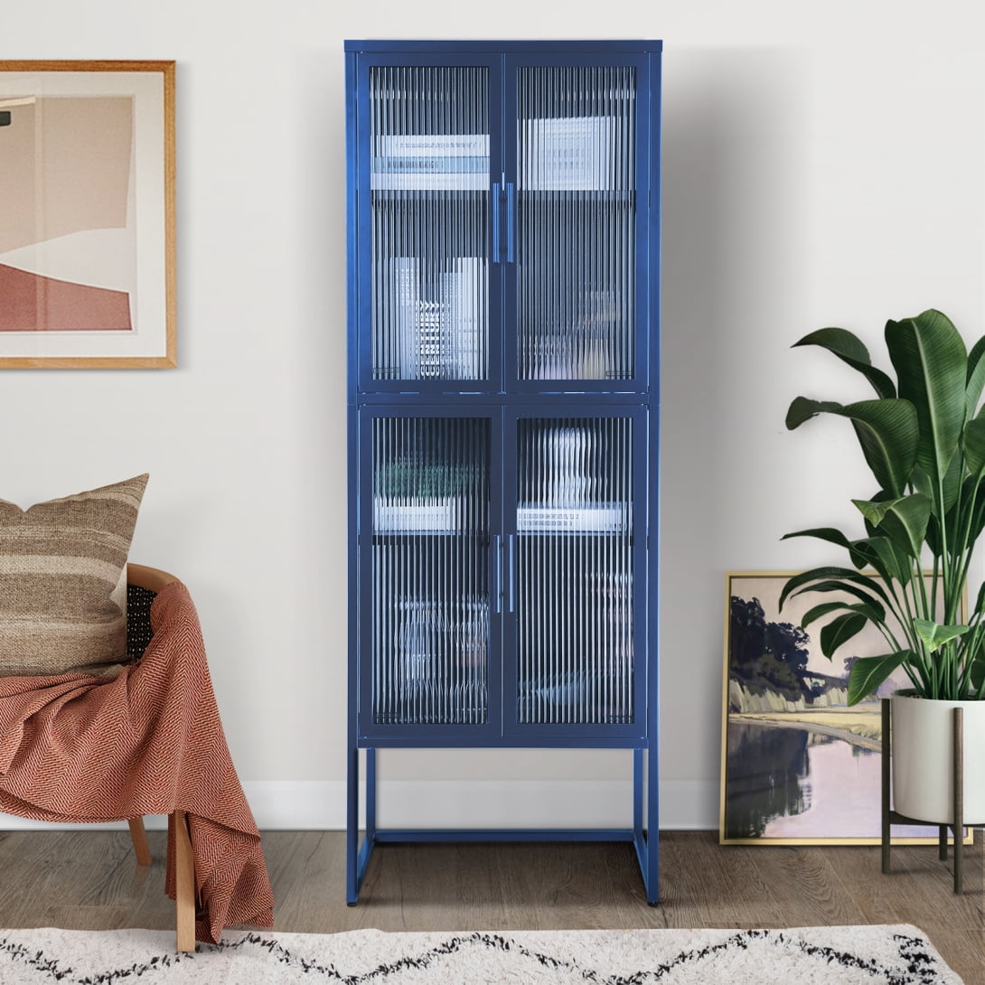 Blue Tempered Glass Display Cabinet with 4 Doors Adjustable Shelves U ...