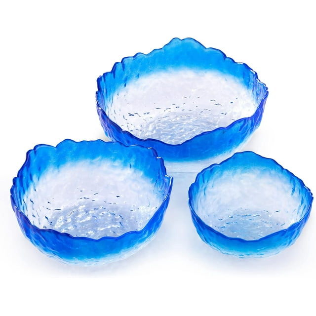 Blue Tempered Glass Serving Bowls - Set of 3 for Ice Cream, Jelly ...