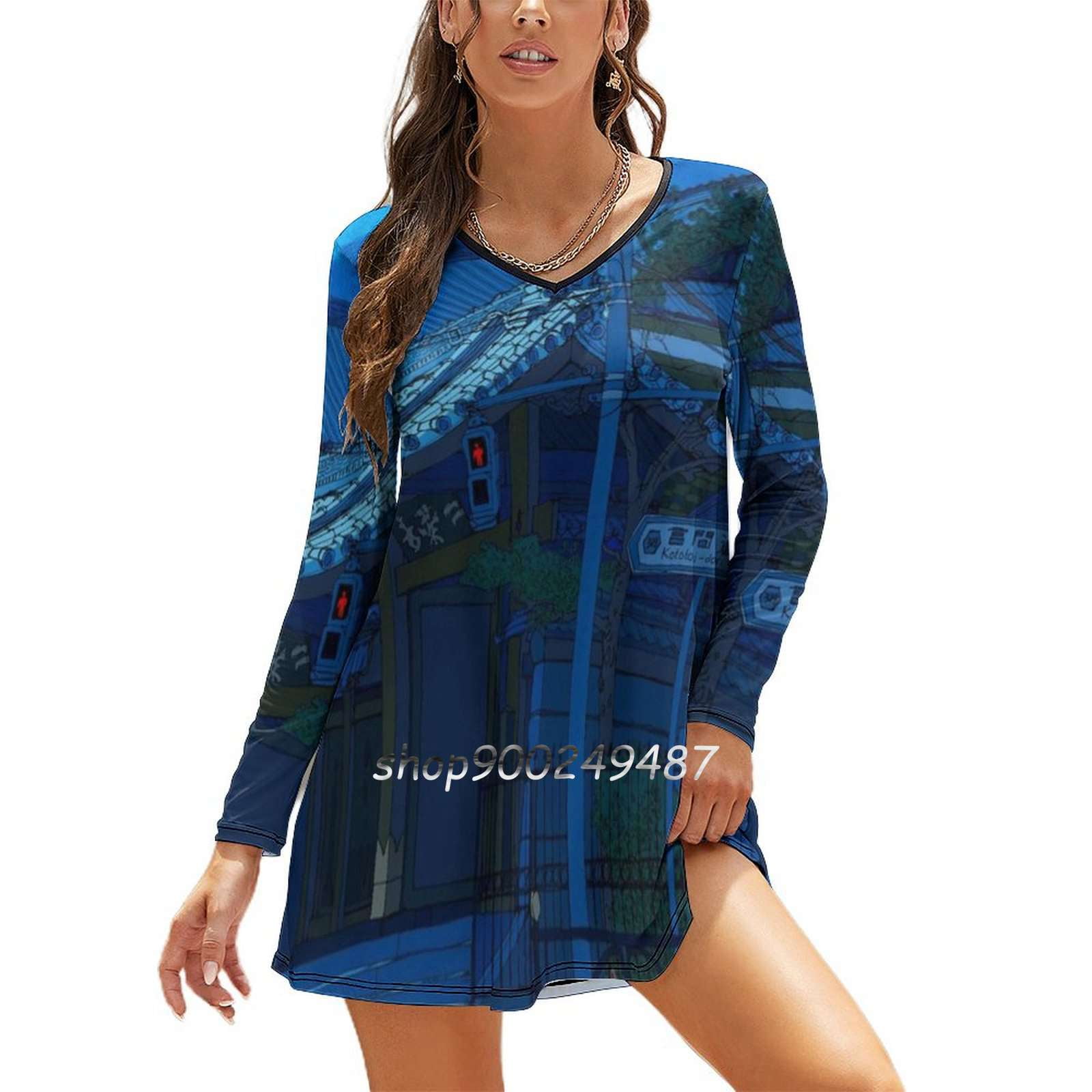 Blue Temple Nezu Square Neck Dress New Plus Size Elegant Women Waist ...