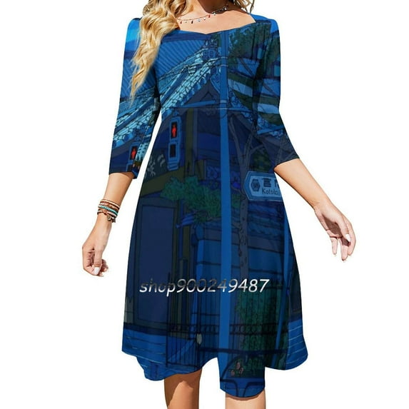 Blue Temple Nezu Square Neck Dress New Plus Size Elegant Women Waist ...