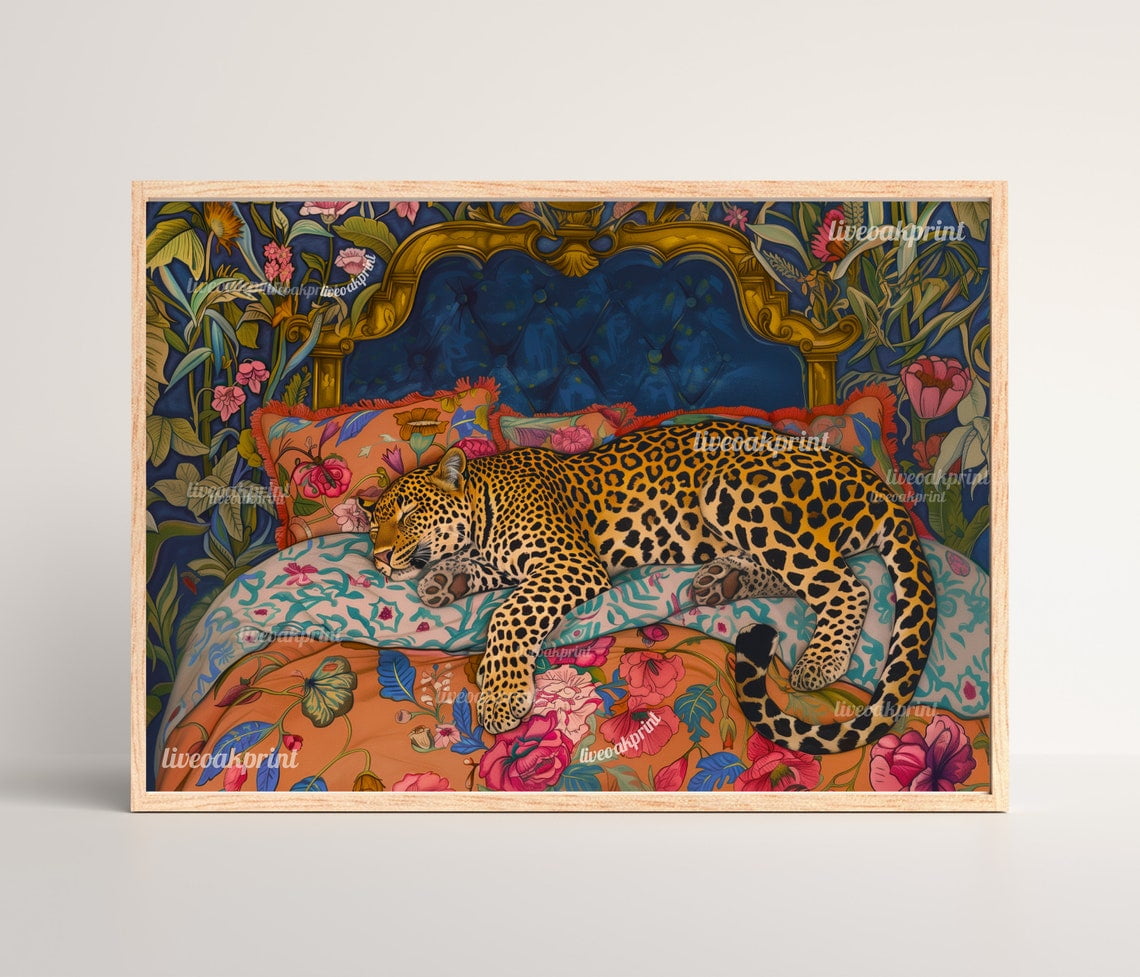 Blue & Terracotta Sleepy Panther In A Vintage Bed - Panther Bedroom ...