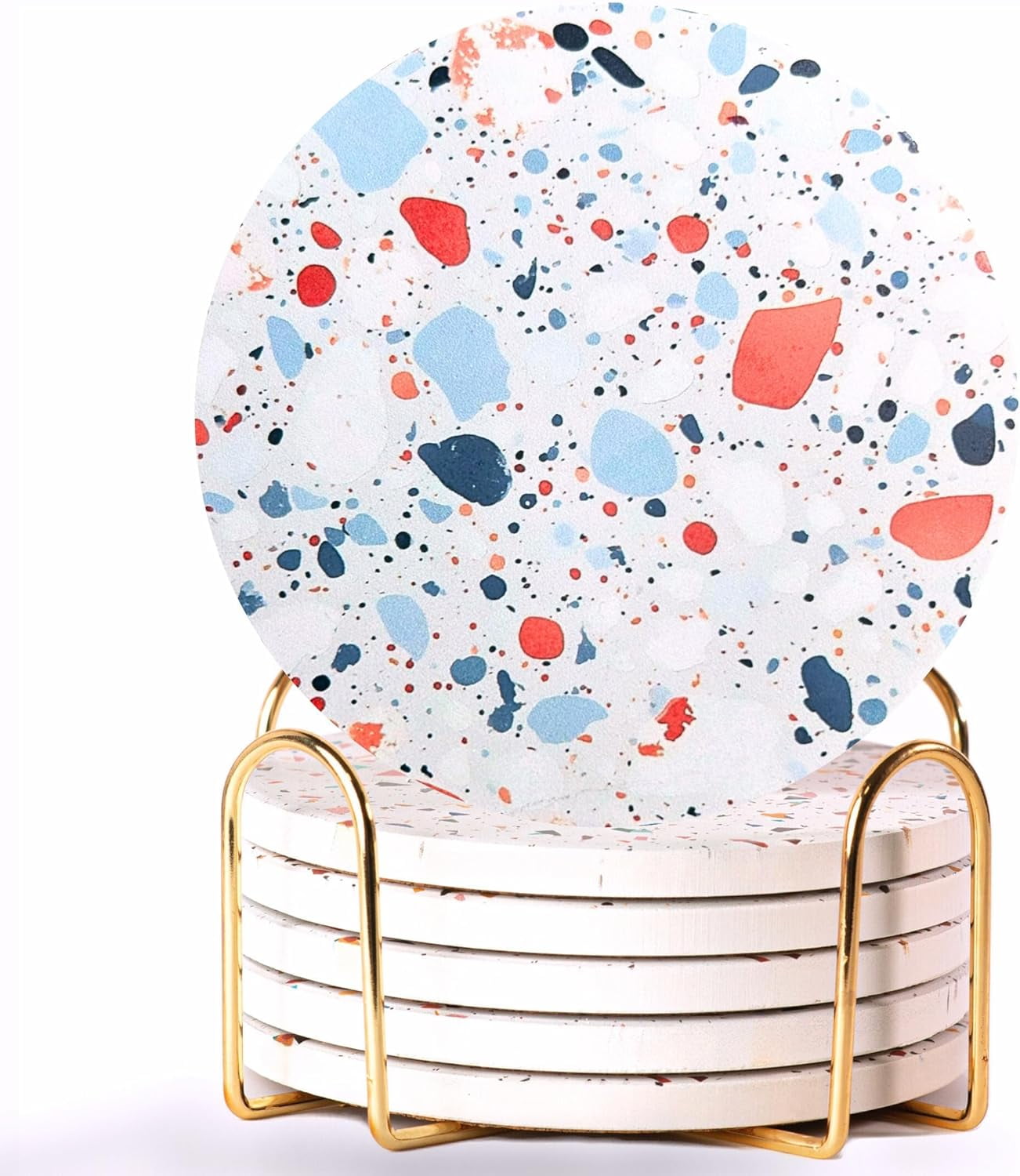 Blue Terrazzo Drink Absorbent Coasters with Holder Set of 6, Ceramic ...