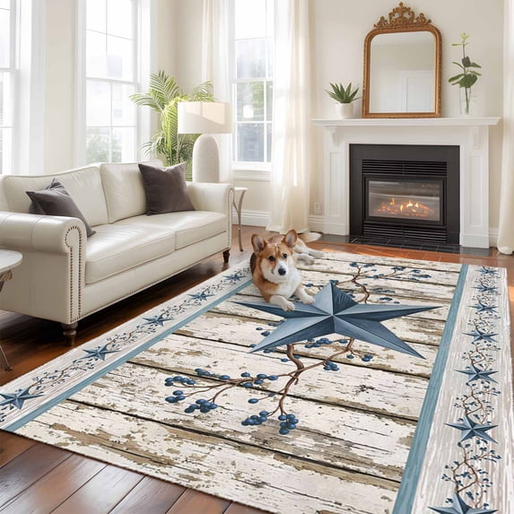 Blue Texas Star Area Rugs 5x7 ft Vintage Farmhouse Blue Star Berry Wood ...