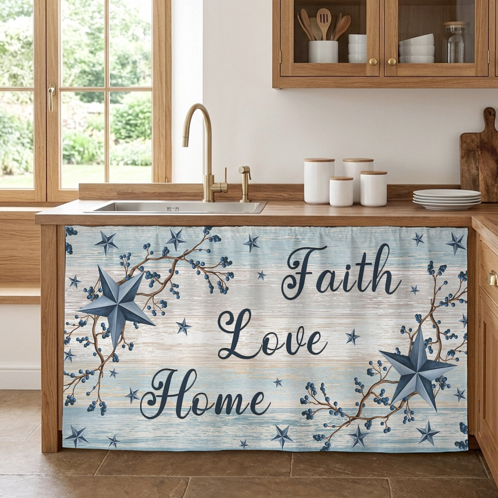 Blue Texas Star Cabinet Curtains 28" W x 51" L Vintage Berry Faith Love ...
