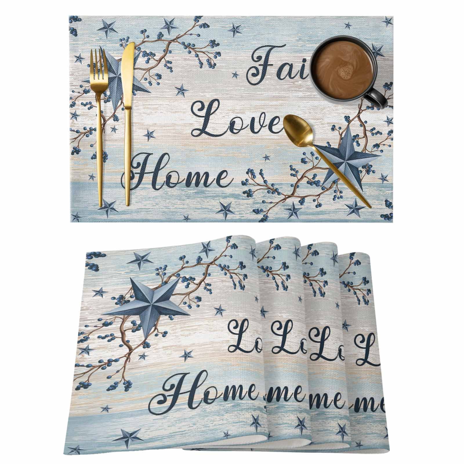 Blue Texas Star Cotton Linen Placemats Set of 12, Vintage Berry Faith ...