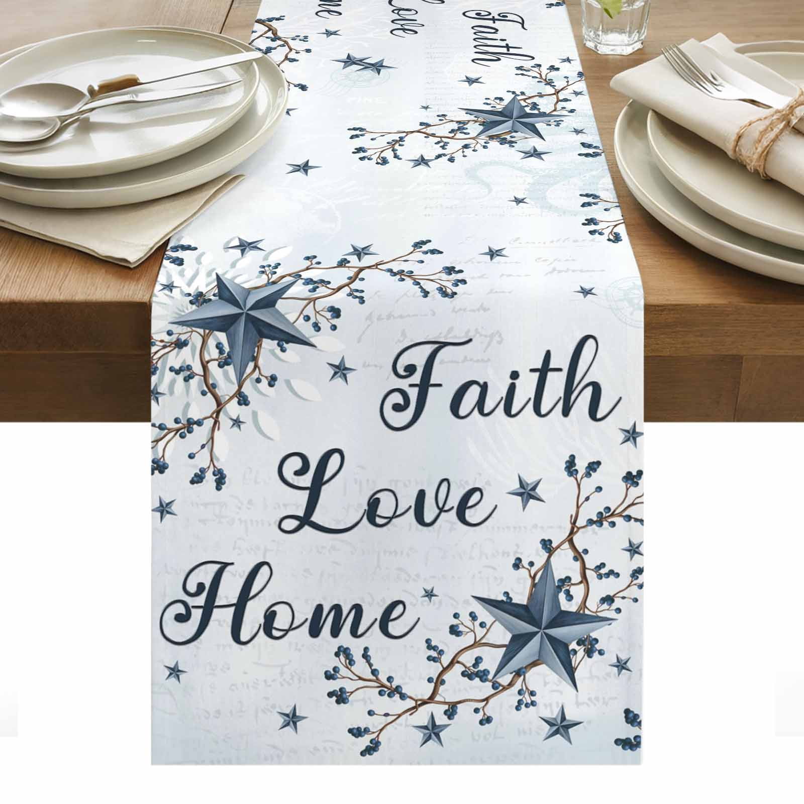 Blue Texas Star Cotton Linen Table Runner Vintage Berry Faith Love Home ...