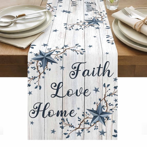 Blue Texas Star Cotton Linen Table Runner Vintage Berry Faith Love Home ...