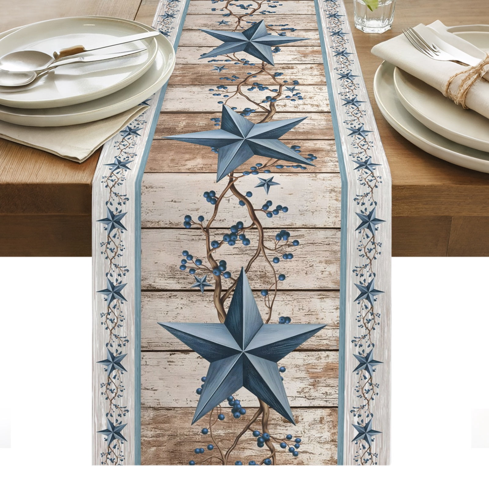 Blue Texas Star Cotton Linen Table Runner Vintage Blue Star Berry Brown ...