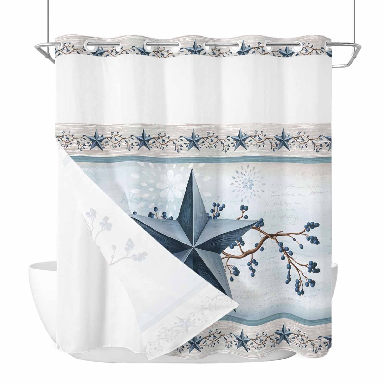 Blue Texas Star No Hook Shower Curtain with Snap in Liner Vintage Star ...