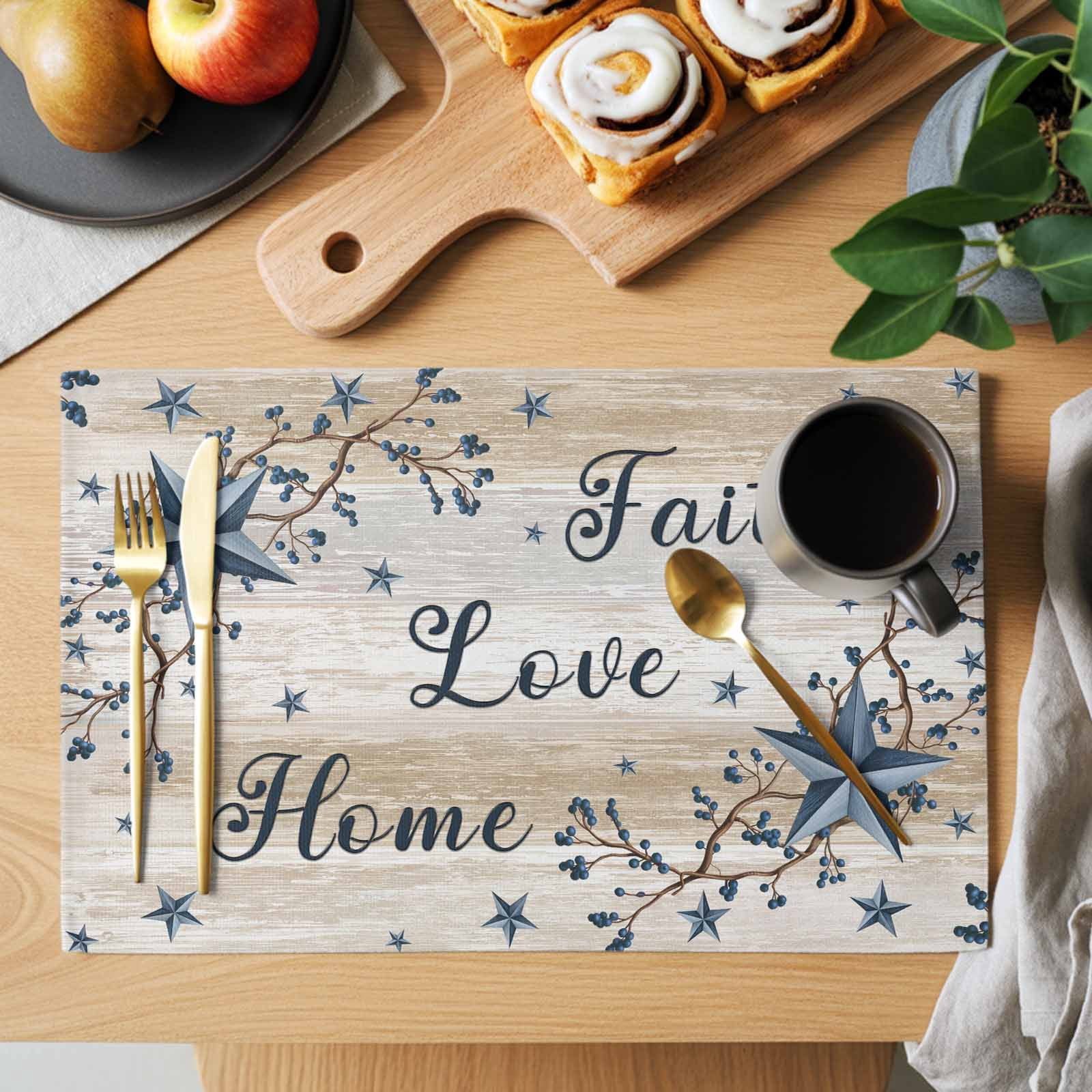 Blue Texas Star Placemats Set of 8, Vintage Berry Faith Love Home Khaki ...