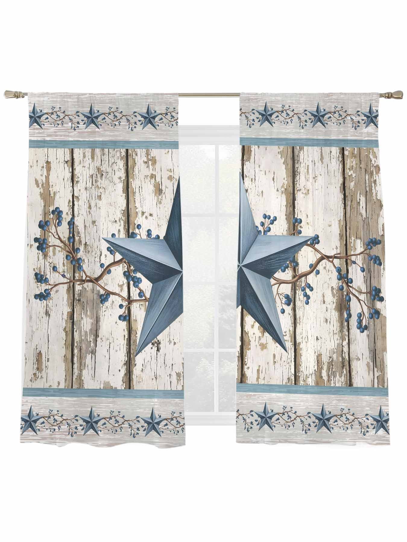 Blue Texas Star Sheer Curtains 2 Panels Set Vintage Farmhouse Blue Star ...