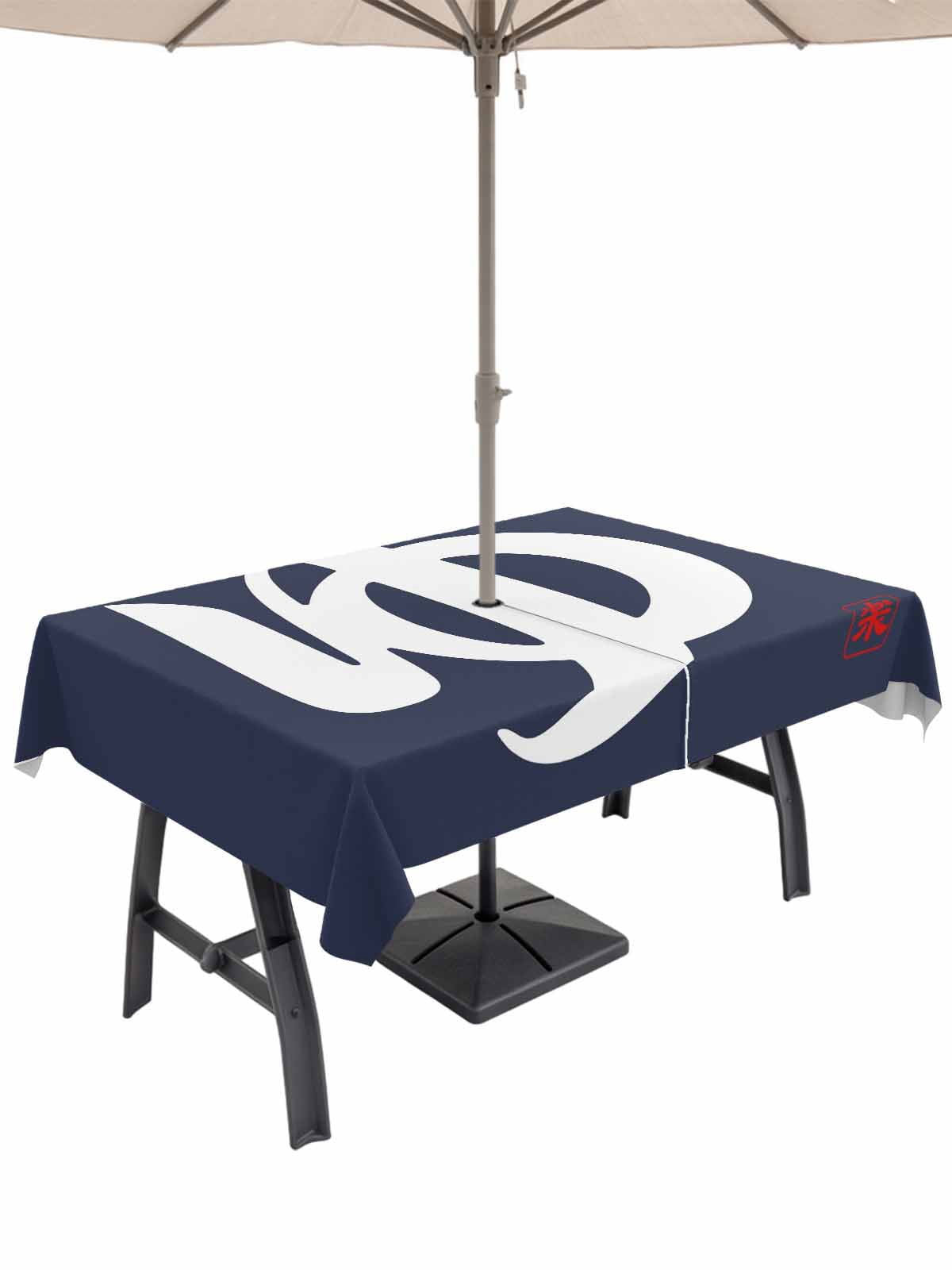 Blue Text Rectangle Outdoor Tablecloth with Umbrella Hole Vintage ...
