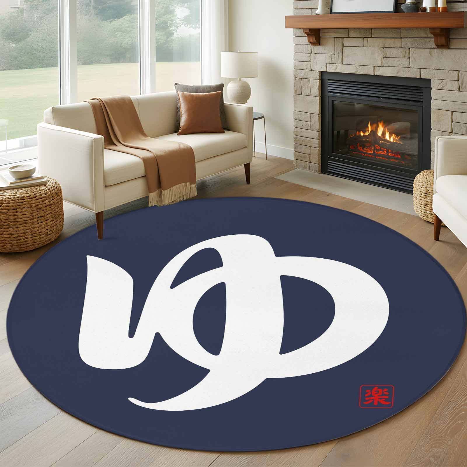 Blue Text Round Living Room Rugs 8 ft, Vintage Abstract Japanese-Style ...