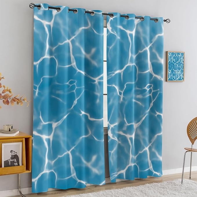 Blue Texture Bedroom Window Drapes, Abstract Sea Pattern Curtains For ...