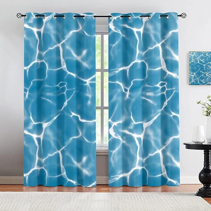 Blue Texture Bedroom Window Drapes, Abstract Sea Pattern Curtains For ...