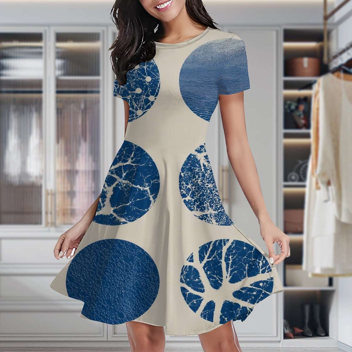 Blue Textured Circle Patterns Women's Classic Swing Skater Dress Casual ...