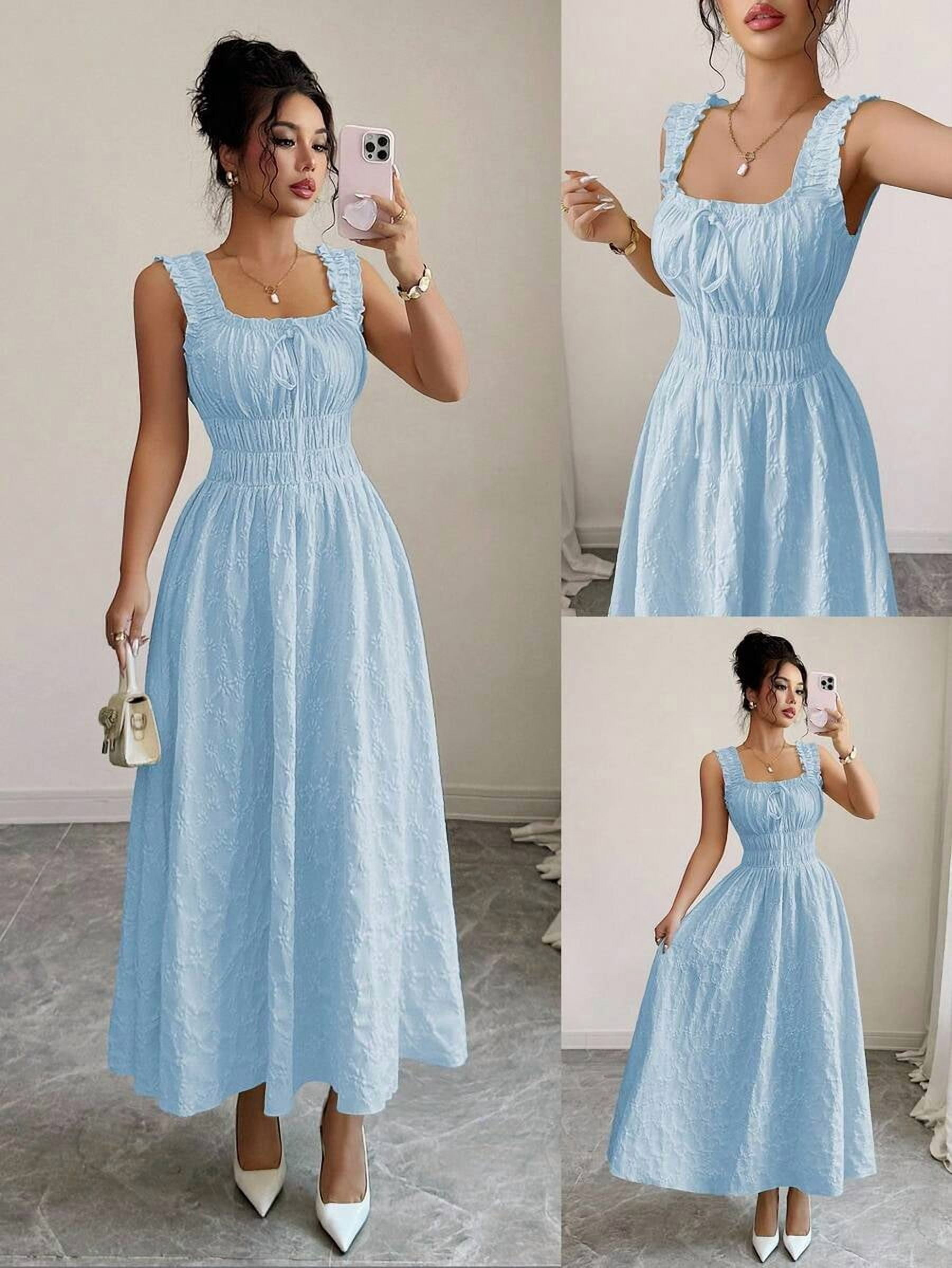 Blue Textured Floral Woven A-Line Dress With Square Neck, Ruched Waist ...