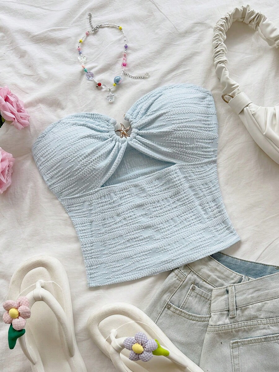 Blue Textured Hollow-Out Crop Top With Starfish Detail, Fitted Tank For ...