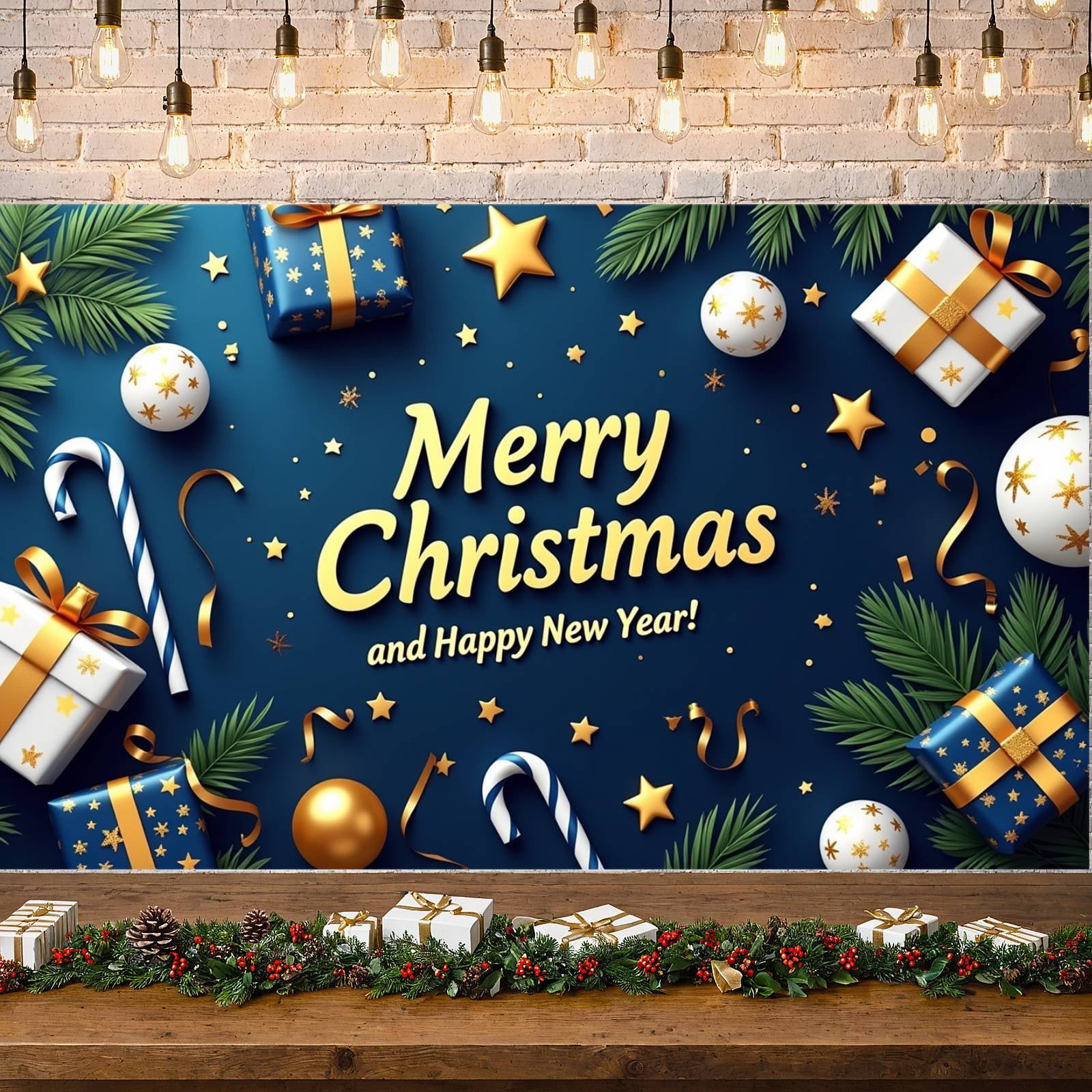 Blue Theme Christmas Banner Gold Accents Holiday Backdrop Gift ...
