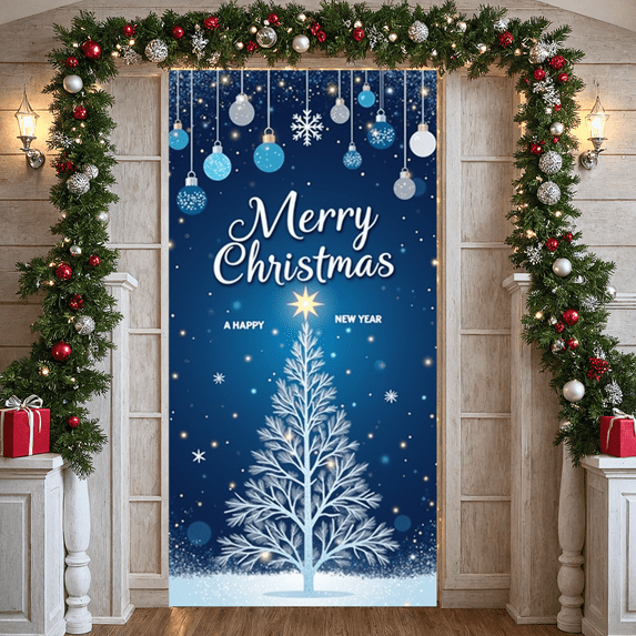 Blue Theme Christmas Banner White Christmas Tree New Year Display ...