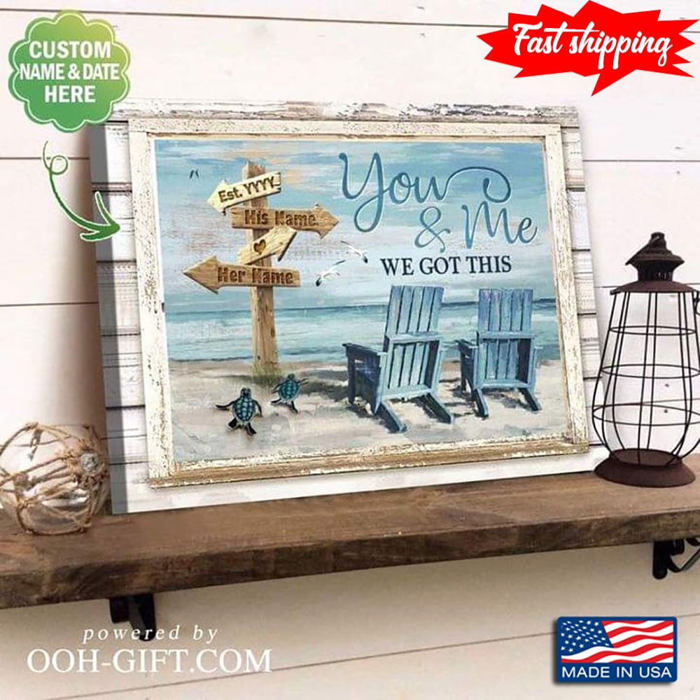 Blue Theme Customized Name & Date Sea Turtles & Wooden Chairs On Sandy ...