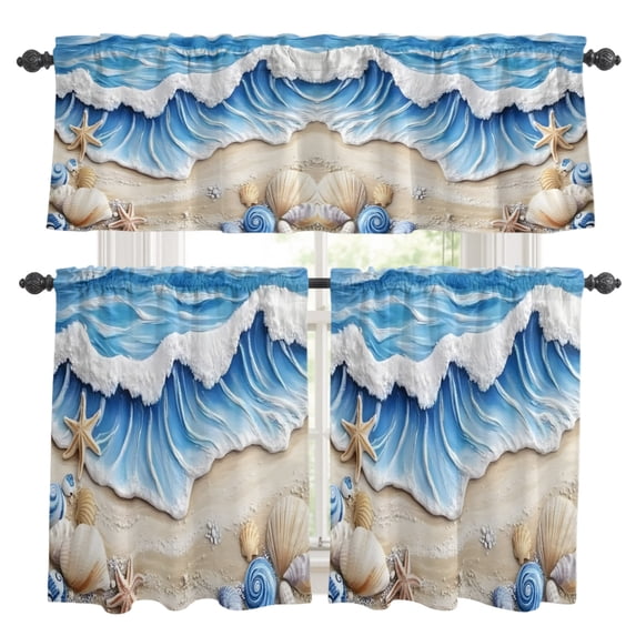 Blue Theme Kitchen Curtains Set for Windows, Beach Ocean Wave Starfish ...
