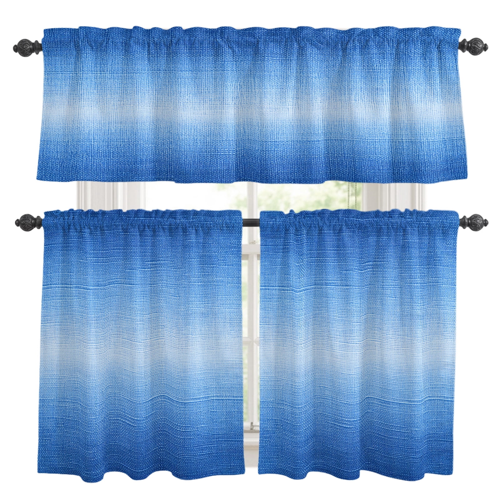 Blue Theme Kitchen Curtains Set for Windows, Gradient Grid Texture ...