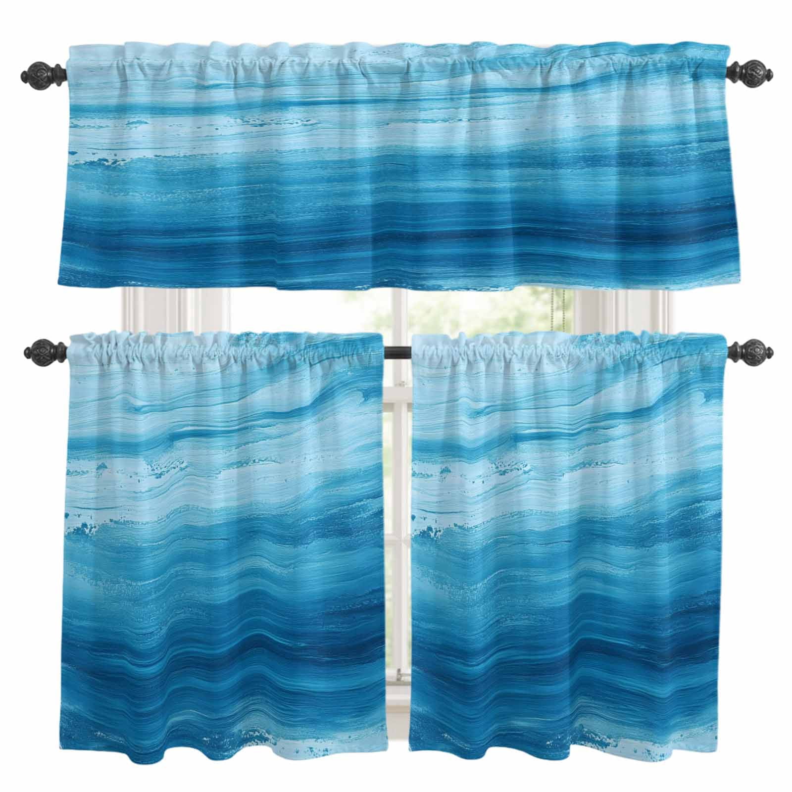 Blue Theme Kitchen Curtains Set for Windows, Ocean Waves Abstract ...