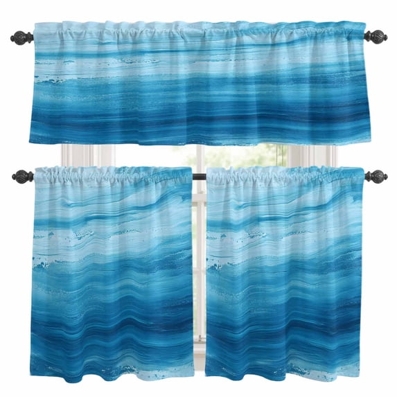 Blue Theme Kitchen Curtains Set for Windows, Ocean Waves Abstract ...