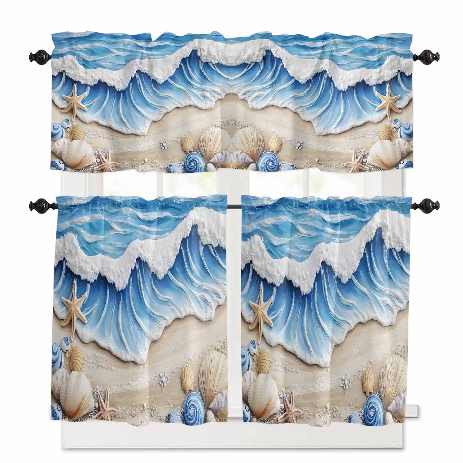 Blue Theme Kitchen Curtains Valance and Tier Set Beach Ocean Wave ...