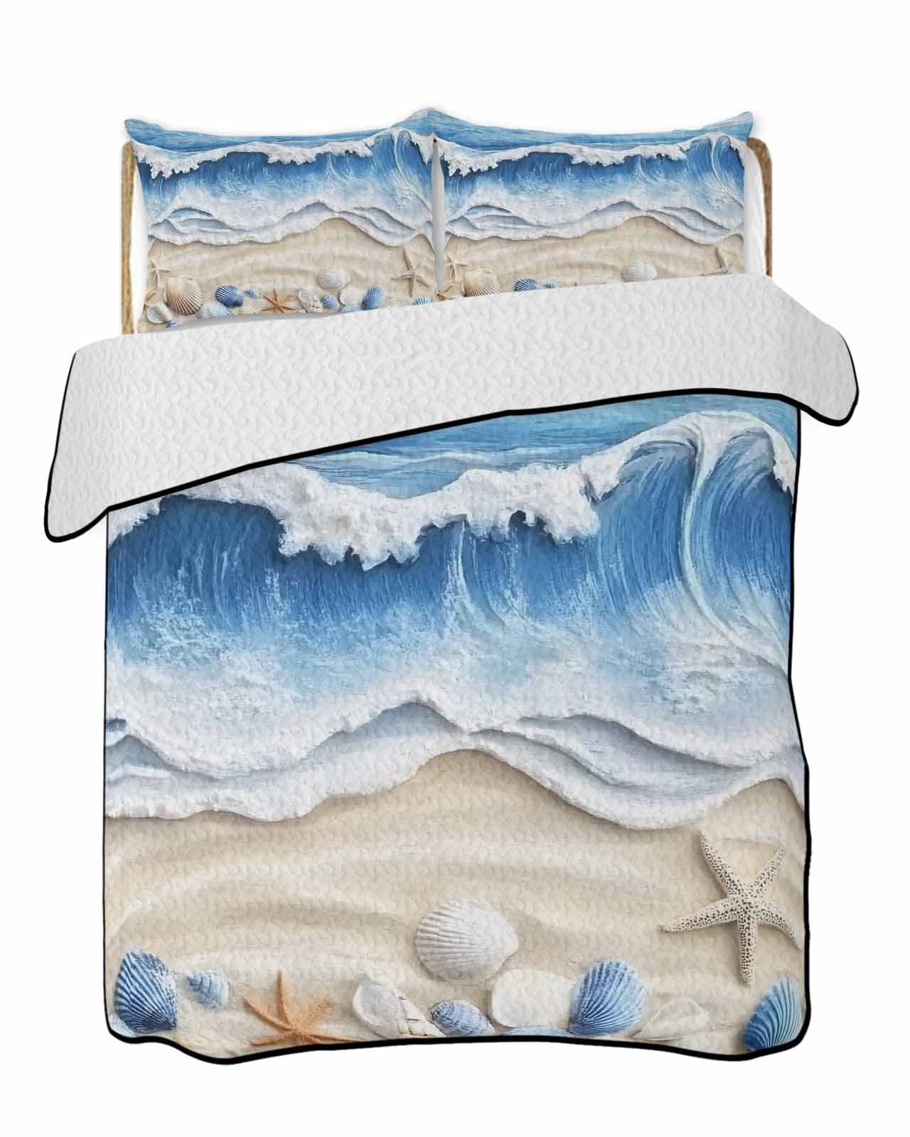 Blue Theme Quilts Bedding Set King Size Beach Ocean Wave Shell Starfish ...