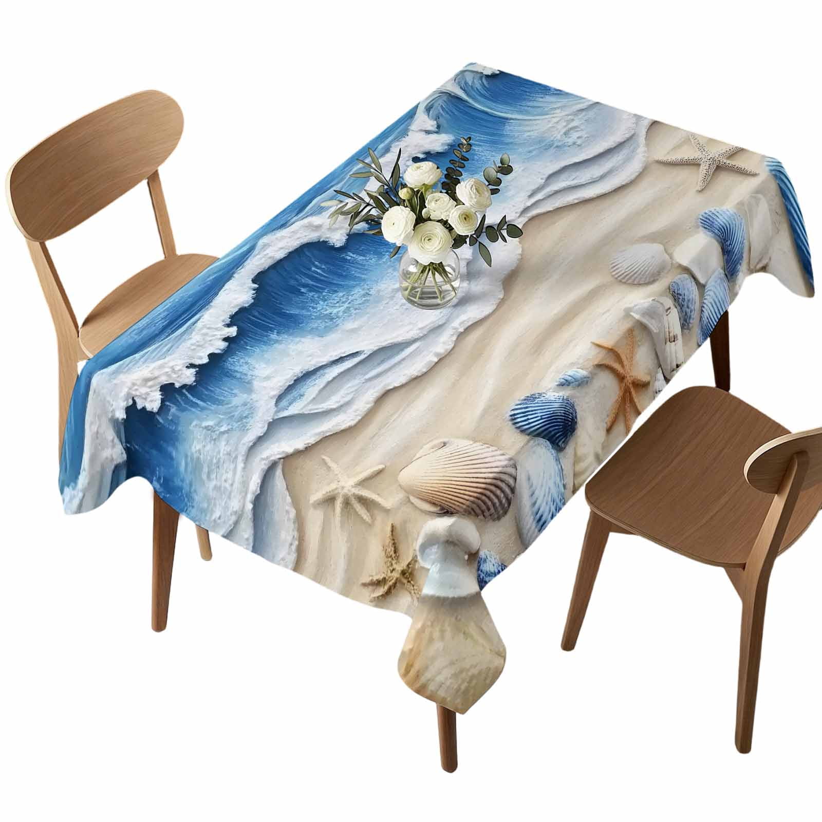 Blue Theme Rectangle Tablecloth Beach Ocean Wave Shell Starfish Coastal ...